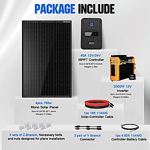 ECO-WORTHY 600W 12V Solar Panel Kit for RV Trailer Workshop: 4pcs 150W Solar Panels + 1pc 40A MPPT Charge Controller + 12V 2000W Solar Inverter + Accessories Needed