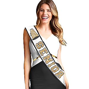 Senior Cheer Sash - Ribbon Edge Gold Sparkle with Black Outline Cheer Senior White PREMIUM GRADE SATIN Sash - High School Cheerleader Squad Supplies (RbnCheer GLD w/BLK) WHT