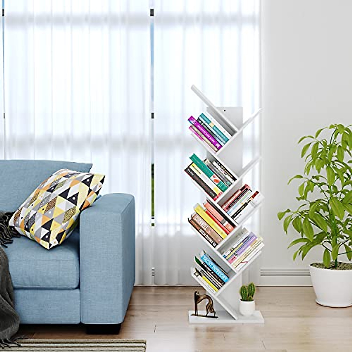 Yusong Tree Bookshelf, 9-Tier Floor Standing Bookcase for Living Room Bedroom, Utility Organizer Shelves for Home Office, White