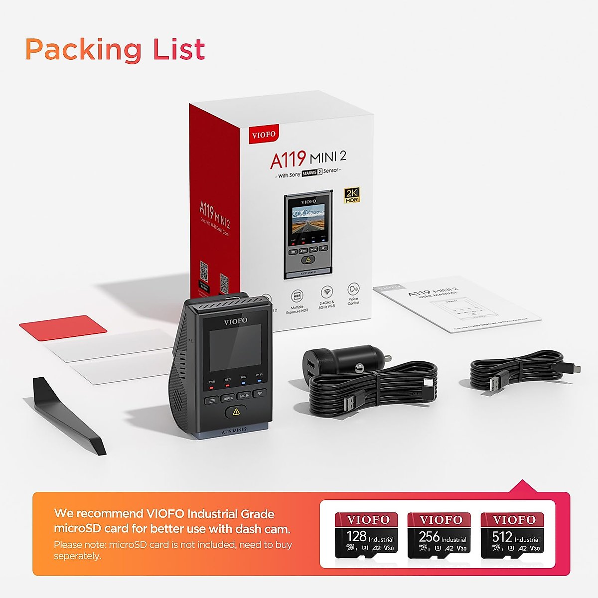 【Bundle: VIOFO A119 Mini 2 + 256GB Card + CPL + HK4 Hardwire Cable + Bluetooth Remote】 VIOFO Mini Dash Cam Front A119 Mini 2, STARVIS 2 Sensor, 2K 60fps/HDR 30fps Voice Control with 5GHz Wi-Fi GPS