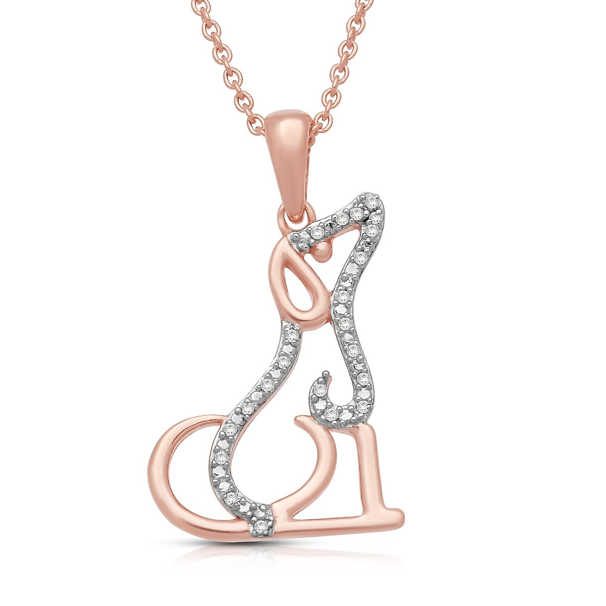 Jewelili 14K Rose Gold Over Sterling Silver Natural White Round Diamonds Dog Pendant Necklace, 18" Rolo Chain