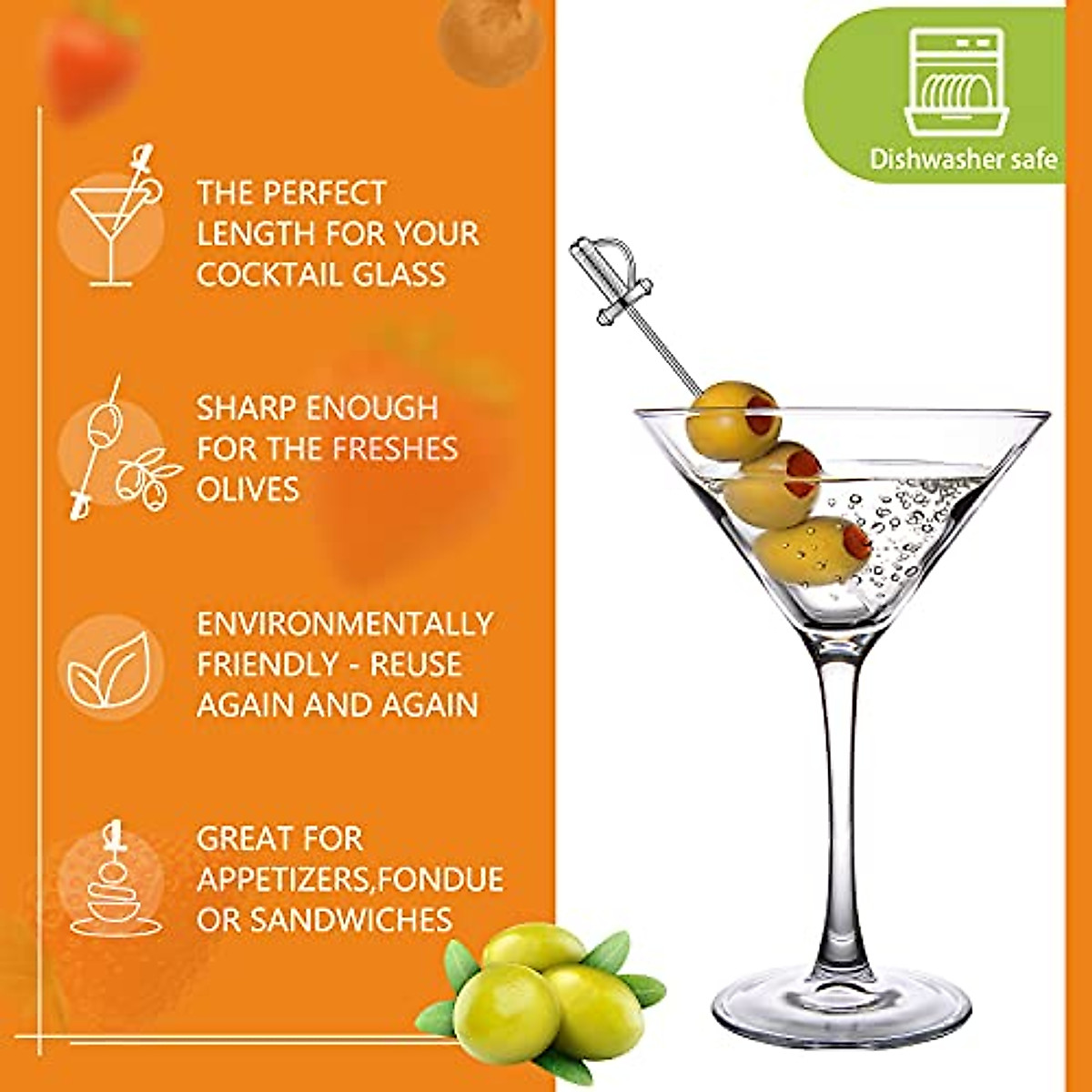 10 Pieces Stainless Steel Cocktail Picks Toothpicks 4.3 Inch Sword Metal Martini Drink Pick Sticks Appetizer Resuable Skewers Food Fruit Cocktail Toothpicks for Birthday Wedding Beach (Silver)