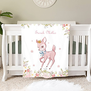 Pink Bambi Deer Floral Personalized Baby Blanket for Boys Girls Custom Naps Swaddle Blanket Shower Soft Newborn 30X40 in