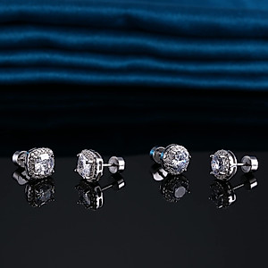 ZELORES 925 Sterling Silver Halo CZ Flat Back Round Square Large Screwback Princess Cut Cubic Zirconia Stud Earrings Set for Women Men (Style1)
