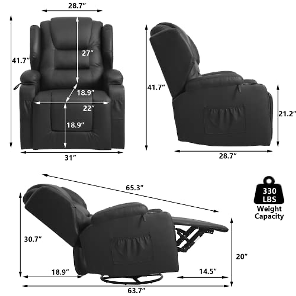 ETAGERIA Swivel Rocker Recliner Nursery Rocking Chairs 360 Degree, Manual Glider Recliner Chairs for Living Room,Upholstered Swivel Single Sofa Seat with Cup Holders, Side Pockets, Pillow, Leather