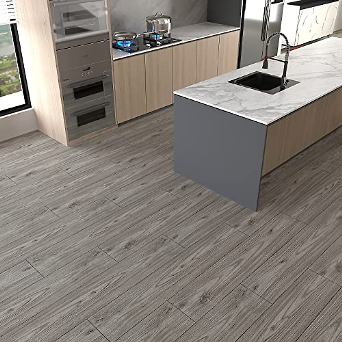 VEELIKE Light Grey Wood Vinyl Plank Flooring Waterproof Wood Grain Peel and Stick Floor Tile 6''x36'' Self Adhesive Grey Laminate Wood Flooring for Bathroom Kitchen Bedroom RV(4-Pack, 6 Sq. Ft.)