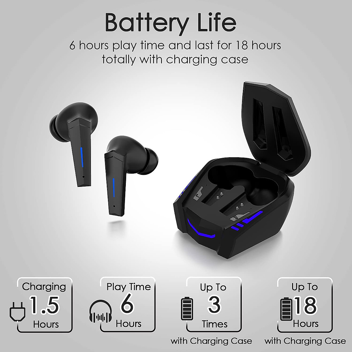 OONOL Wireless Earbuds, Yi-shaney Bluetooth 5.2 Bass Sound Headphones Gaming Earphones with Touch Control, Noise Cancelling Waterproof Headset with Mic, 18H Play Time, 65ms Low Latency (Black)