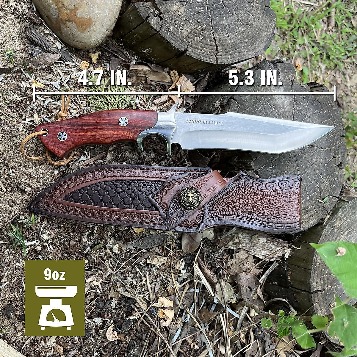 QIXENIO M390 Steel Handmade Hunting Knife, Fixed Blade Full-Tang with Leather Sheath, Red Wood Non-Slip Handle - Survival, Tactical, Camping knives