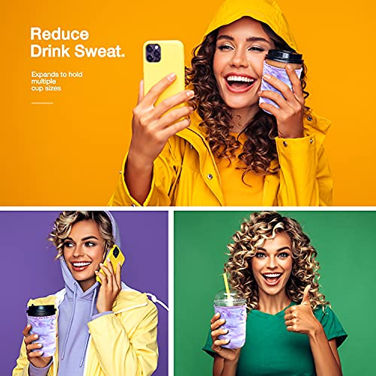 3 Pack Iced Coffee Cup Sleeve for Large Sized Cups, Reusable Neoprene Iced Coffee Cup Holder for Hot Cold Drinks, Compatible with Starbucks, Dunkin Donuts, and More（Purple Marble）