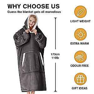 yescool Oversized Wearable Blanket Hoodie, Flannel Sherpa Fleece Blanket Sweatshirt for Adults Women Men, Big Plush Cozy Hooded Blanket with Hood, Pocket & Sleeves, One Size Fits All (Grey)