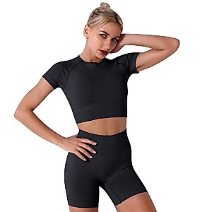 Black Workout Sets for Women: Two 2 Piece Yoga Outfit Tracksuits High Waisted Running Biker Shorts with Strap Sport Shirt Crop Top Exercise Running Clothes Athletic Gym Sets Matching Active Wear Small