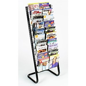 Displays2go 57" Floor-Standing Wire Magazine Rack, 20 Pockets, Tiered Design - Black