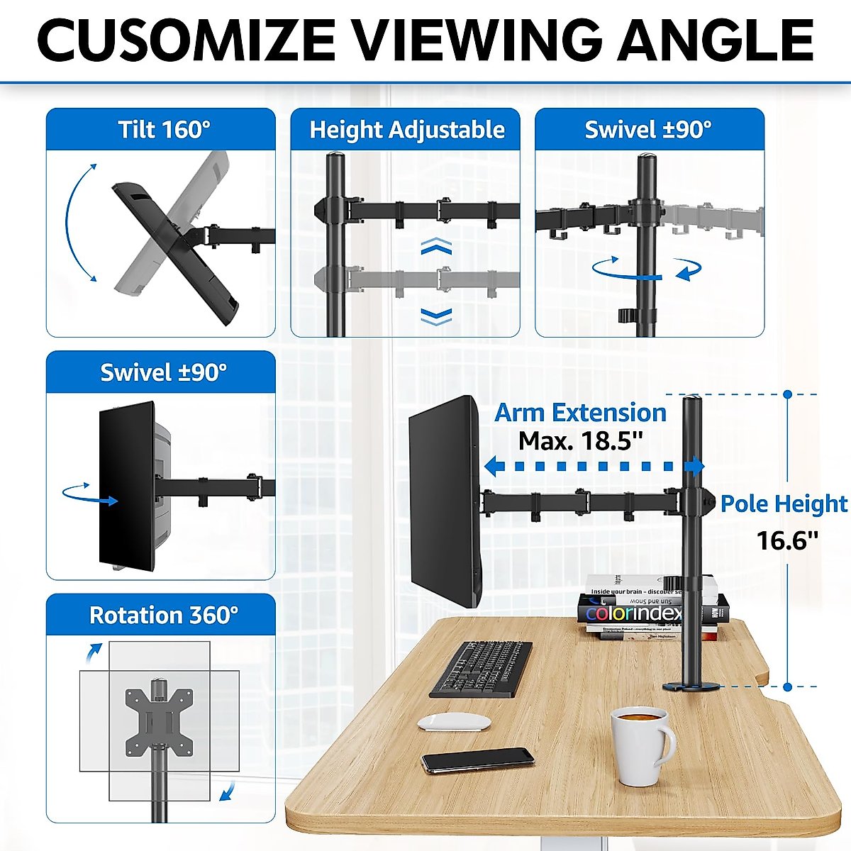 MOUNTUP Single Monitor Desk Mount, Fully Adjustable Single Monitor Arm Stand, Computer Screen Mount for 1 Max 32 Inch,17.6 lbs Display, Monitor Stand with Clamp&Grommet Base, VESA 75x75mm 100x100mm