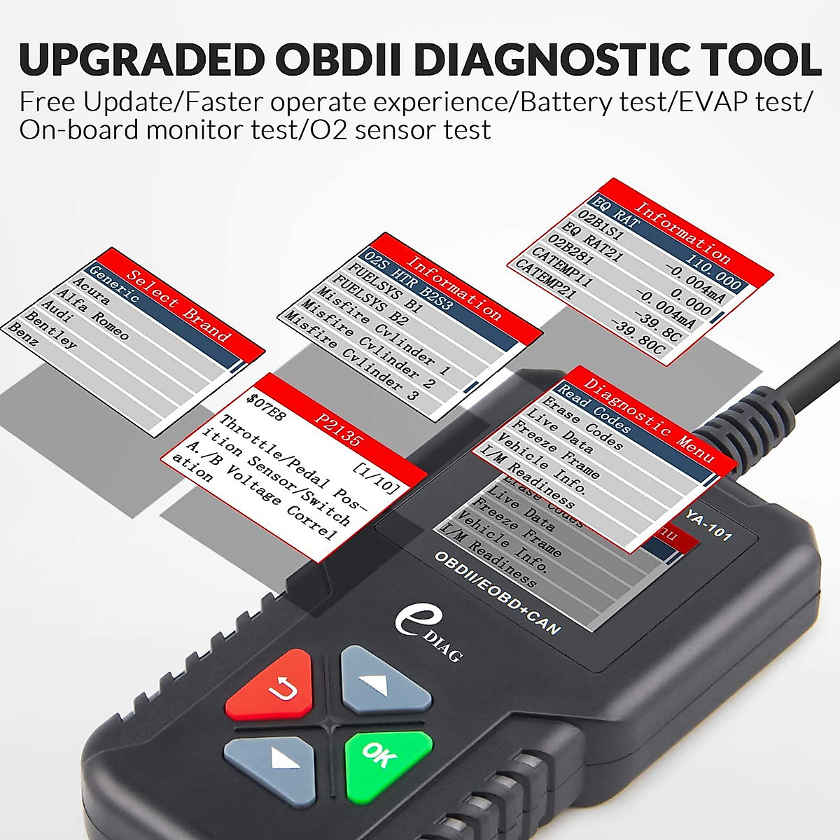 2024 Ver. EDIAG OBD2 Scanner YA-101 Auto Code Reader for Check Engine Light,O2 Sensor,EVAP Test,On-Board Monitor Test,Smog Check,OBD2 Diagnostic Scan Tool for All OBD2 Cars Since 1996-Upgrade Version