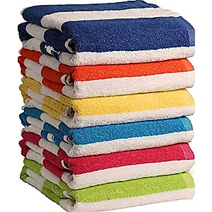 QUBA Linen - 100% Cotton Bath Towel, Pack of 6, Cabana Stripe Beach Towels, Large Pool Towels (30" x 60”), Highly Absorbent, Light Weight, Soft and Quick Dry Swim Towels, for Parties, Guests