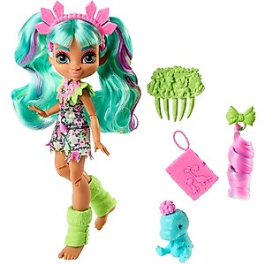 Mattel Cave Club Rockelle Doll (8-10-inch, Teal Hair) Poseable Prehistoric Fashion Doll with Dinosaur Pet and Accessories, Gift for 4 Year Olds and Up
