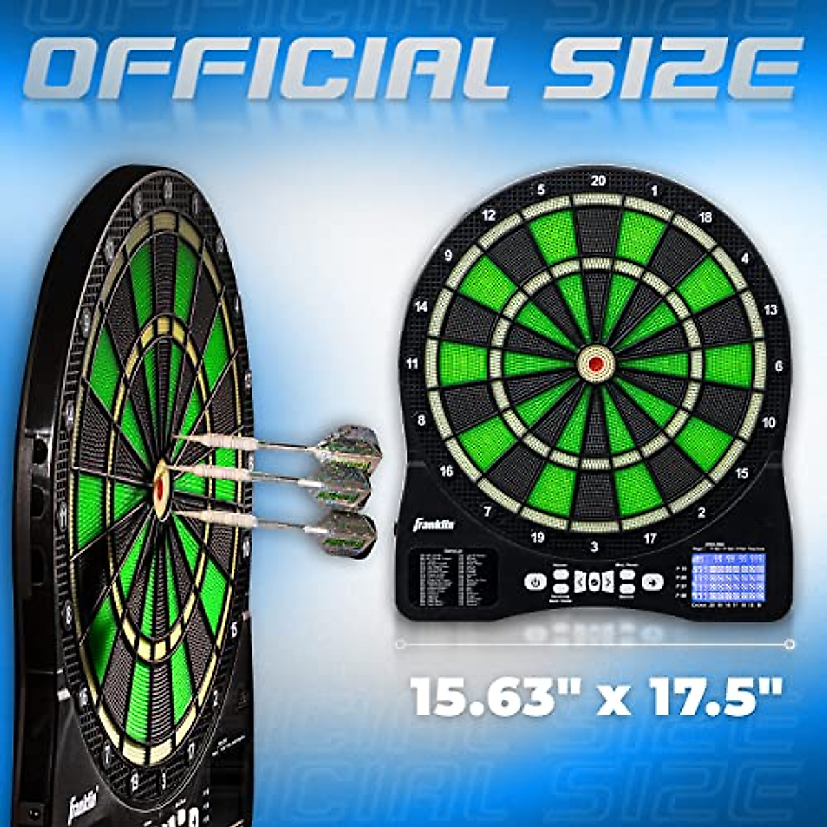 Franklin Sports Light Up Electronic Dart Board Set - LED Soft Tip Electric Dartboard with Digital Scoreboard - Adults + Kids Set - (6) Darts Included, Black/Green, 15"