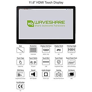 Waveshare 11.6inch IPS Capacitive Touch Screen LCD 1920×1080 HDMI Display with Toughened Glass Cover Compatible with Raspberry Pi Jetson Nano and BB Black Use as Computer Monitor