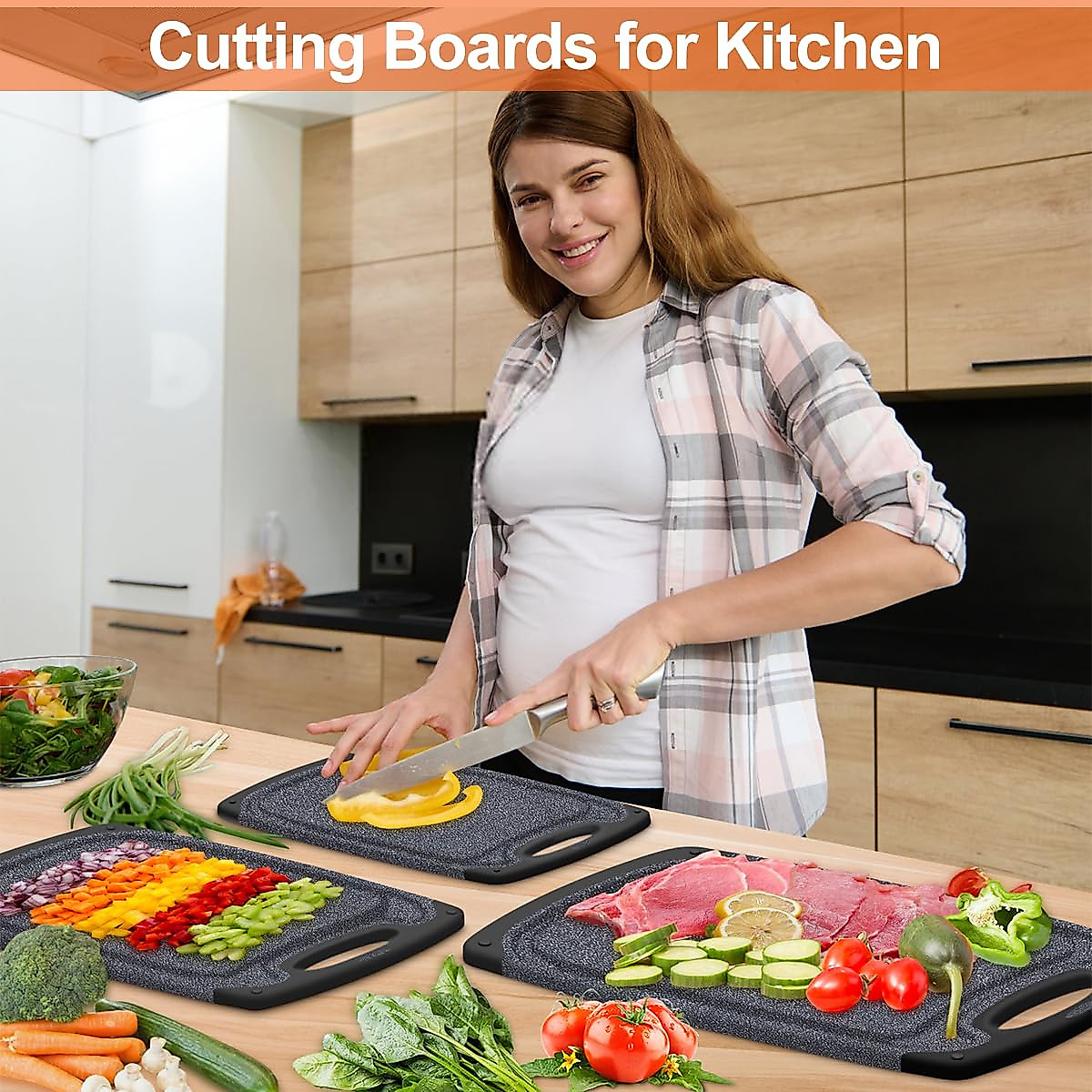 KIMIUP Kitchen Cutting Board (Set of 3),Professional Chopping Boards Sets,Dishwasher Safe Cutting Boards With Juice Grooves & Carrying Handle & No BPA