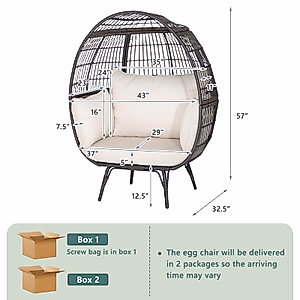 Tangkula Oversized Wicker Egg Chair, Stationary Patio Lounge Basket w/ 4 Soft Cushions, Stable Metal Frame, Gorgeous Indoor Outdoor Lounge Chair, Ideal for Living Room, Backyard, 450 LBS Max Load