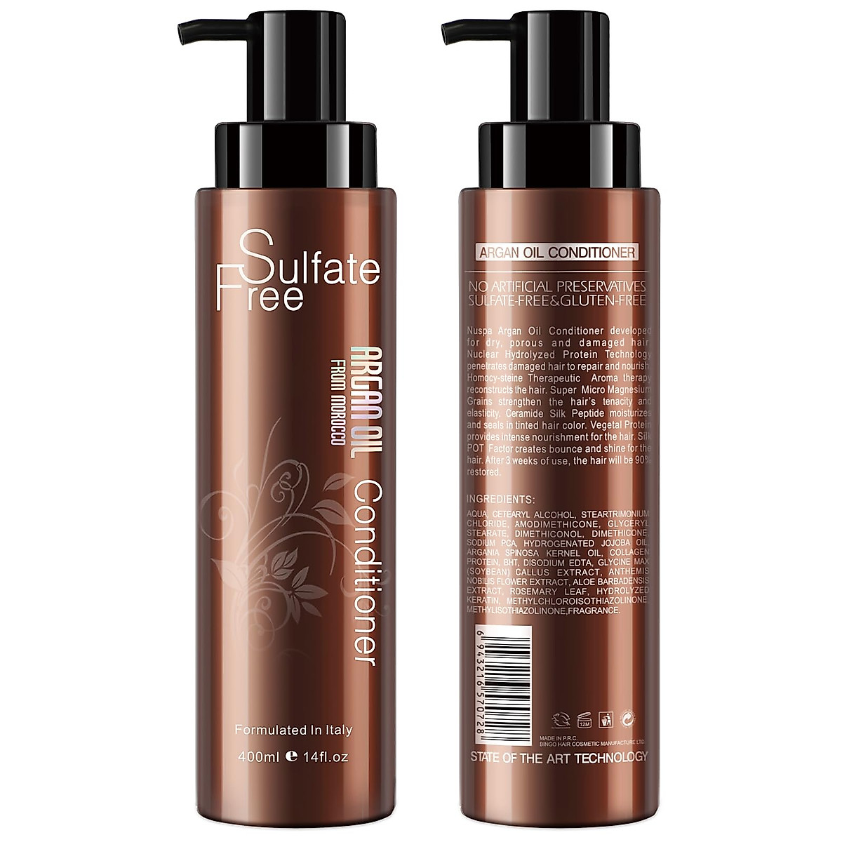 NUSPA Organic Sulfate Free Argan Oil Conditioner, 400ml, Unisex, Color Safe, UV Protection, Intense Moisturizing for Dry, Damaged, Frizzy, Volumizing for Thick Hair