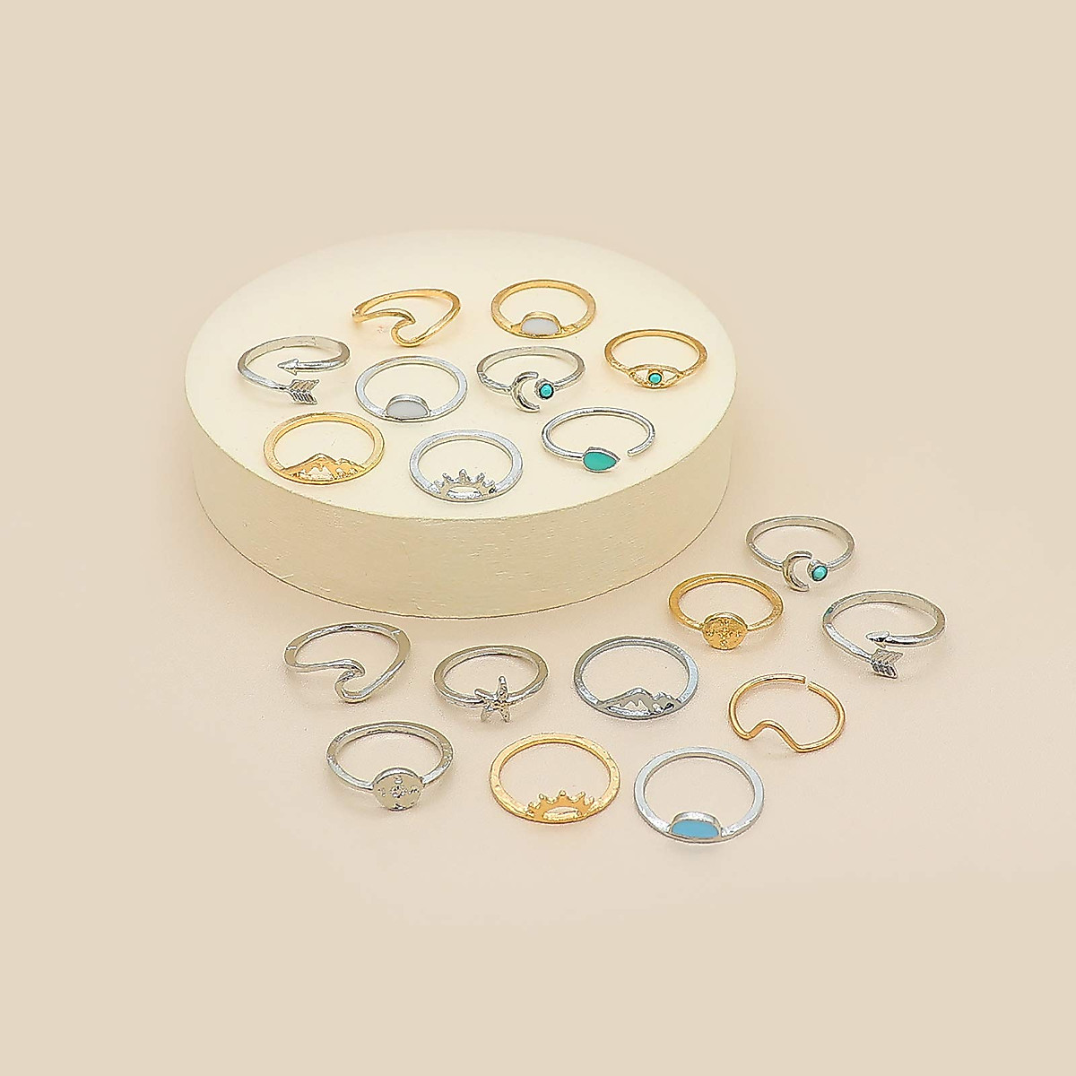 FUTIMELY 19PCS Boho Turquoise Knuckle Stacking Rings for Women Vintage Stackable Star Moon Wave Peak Sea Rhinestone Joint Midi Finger Rings Set