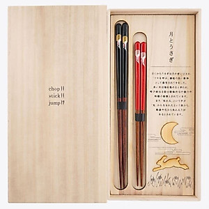 Hyozaemon Chopsticks Gift Set Dishwasher safe Happy Moon Rabit(Chopsticks x2, Rest x2 ,Box), Chopsticks: Black/23.5cm x1, Red/21.5cm x1