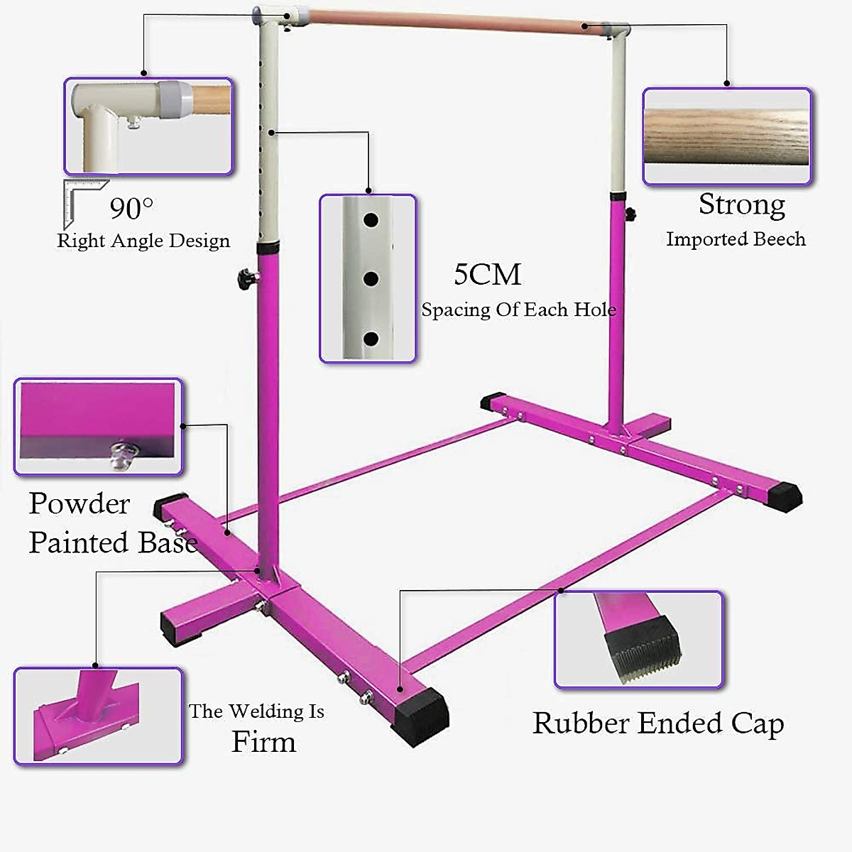 SL Power Gymnastic Kip Bar,Horizontal Bar for Kids Girls Junior,3' to 5' Adjustable Height,Home Gym Equipment,Ideal for Indoor and Home Training,1-4 Levels,300lbs Weight Capacity (Pink)