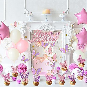 34 PCs Butterfly Cupcake Stand 3-Tier and Topper Set, Fiesec Floral Butterfly Birthday Party Decorations Baby Shower Supplies Cardboard Dessert Tower Holder Round Serving Stand 3D Butterfly for Girl