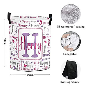 Custom Laundry Hamper with Name Personalized Laundry Baskets Collapsible Clothes Storage Basket with Handle for Bathroom Living Room Bedroom (Purple Pink)