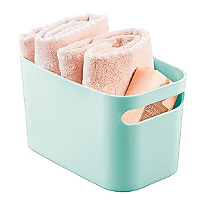 mDesign Deep Plastic Bathroom Bin with Handles, Storage Organizer for Vanity Countertop, Hold Soap, Body Wash, Shampoo, Lotion, Conditioner, Hand Towels - 10" Long, Aura Collection, 2 Pack, Mint Green
