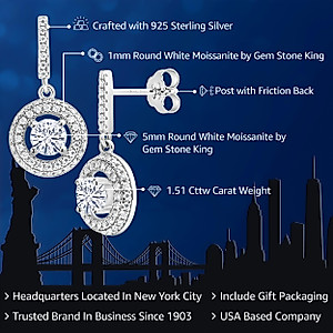 Gem Stone King 925 Sterling Silver White Moissanite Dangle Earrings For Women (1.51 Cttw, Round 5MM)