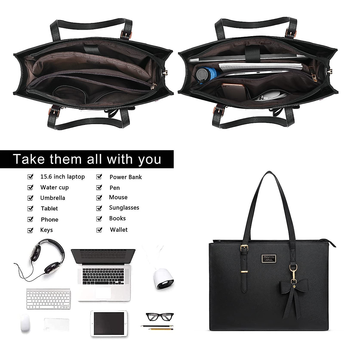 MOSISO Laptop Bag for Women Compatible with MacBook, 17-17.3 inch Notebook and Chromebook, PU Leather Travel Work Tote bag with Detachable Bowknot & Small Purse, Black