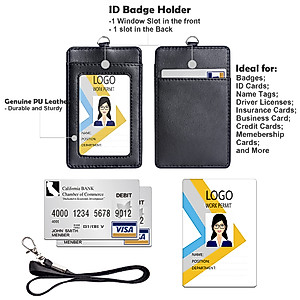 Arae Card Holder Vertical PU Leather Badge Holder with 1 Clear ID Card Window 1 Card Slot and 1 Neck Lanyard for Office/School ID Credit Card Driver License - Black