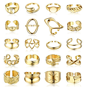 FIBO STEEL 20 Pcs Gold Chunky Rings for Women 18K Gold Plated Ring Set Dome Thick Open Rings Adjustable