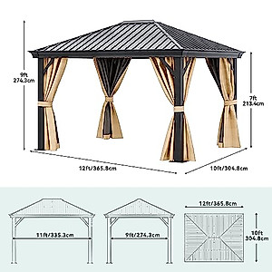 DWVO 10x12ft Hardtop Gazebo with Nettings and Curtains, Heavy Duty Galvanized Steel Outdoor Vertical Stripes Roof for Patio, Backyard, Deck, Lawns, Brown