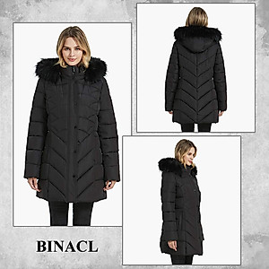 BINACL Women's Thickened Down Alternative Jacket, Extreme Cold Big Hood Lined Outwear Parka Puffer Gift Cotton Padding Outwear Workout Training Fast Fall Ski Jacket with Detachable Fur Hood(Black,M)
