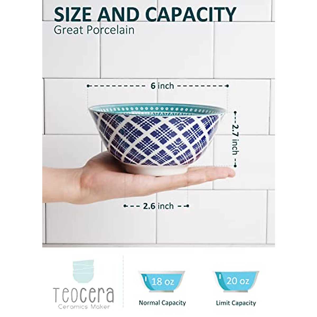 Teocera Cereal Bowls, Soup Bowls, Porcelain Multicolor Bowl Set, 18 Ounce for Cereal, Soup, Oatmeal, Salad, Dessert, Set of 6