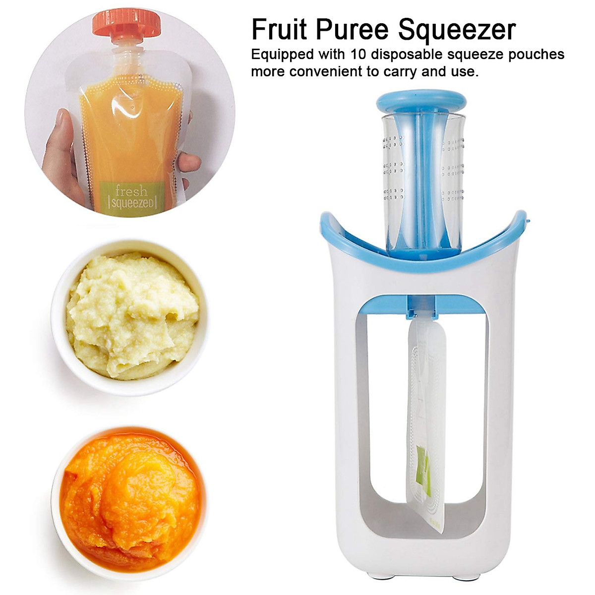 Fruit Puree Squeezer with 10 Squeeze Pouches DIY Squeeze Station for food(blue)