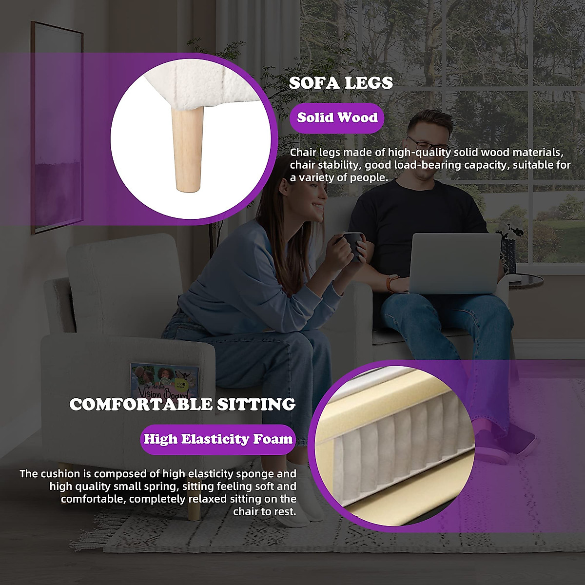 TYBOATLE Accent Chair, Mid-Century Modern Fabric Living Room Arm Chair, Furry Cozy Upholstered Armchair w/Side Pocket, Reading Lounging Side Chairs for Office, Apartment, Bedroom (Cream White)