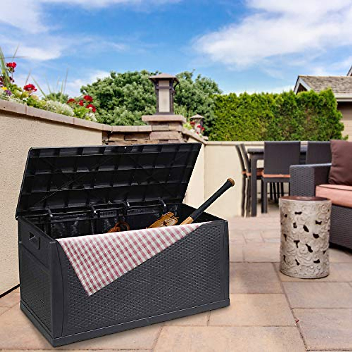 OVASTLKUY 120 Gallon Large Deck Box, Outdoor Storage Box Waterproof Resin Indoor/Outdoor Storage Container and Seat for Patio Cushions (Black)…