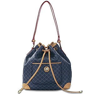 Rioni STA-20089 Designer Signature Navy Blue Canvas Leather Drawstring Bucket Bag Shoulder Bag