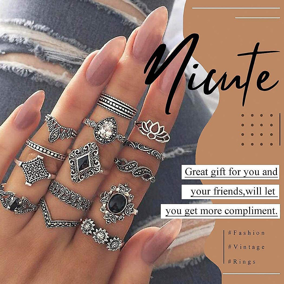 Nicute Gold Ring Set Rhinestone Finger Rings Vintage Knuckle Stackable Shiny Rings Accessories for Women (10PCS)