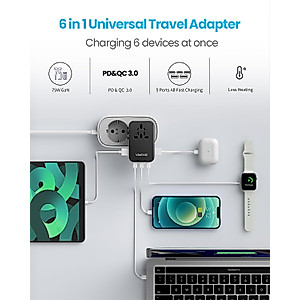 Universal Travel Adapter, VINTAR 75W GaN International Plug Adapter with 3 USB-C PD & 2 USB-A QC, All-in-One Travel Essentials for UK/EU/USA/AUS, Worldwide Power Adapter for Laptops Tablets Phones