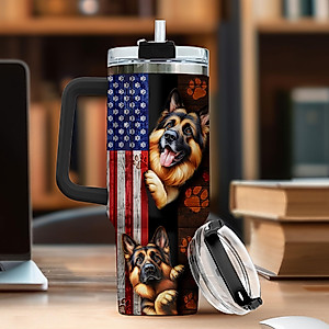 99OWL Patriotic Brown Engraved Best Funny For Adults Women Coffee Cups Cute Worlds Handle, Dog Mom Gifts, Tumbler 40 Oz With Handle Lid And Straw, German Shepherd American