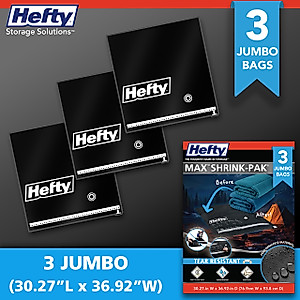 Hefty MAX Shrink-Pak Vacuum Storage Bags – Max Strength Tear-Proof Bags For Clothes, Pillows, Towels, Blankets & More – Space Saver Suction Sealer Bags for Home – 3 Jumbo, 30 x 36 Inches