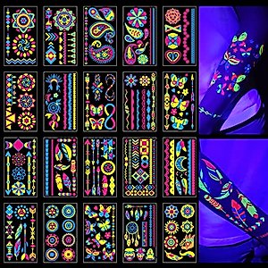 20Sheet Glow in The Dark Temporary Tattoos 160+Styles Aldult Fluorescence UV Neon Body Face Fake Waterproof Tattoo Stickers for Women Men,Rave Festival Accessory Party Supplies