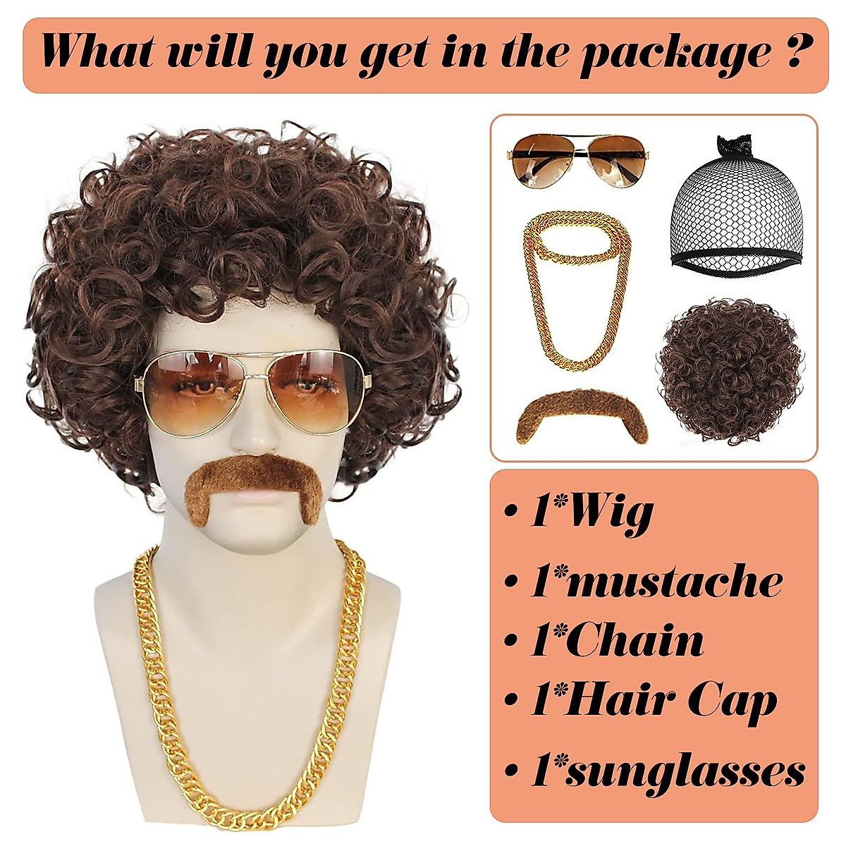 ANOGOL+Wig Cap+Mustache+Necklace+Glasses 5Pcs Afro Wig for Men Short Brown Curly Wig Disco Wigs 70'S Wig for Men 80'S Costumes for Men Disco Wig Jerry Curly Afro Wig Rocker Costume Wig Halloween Party