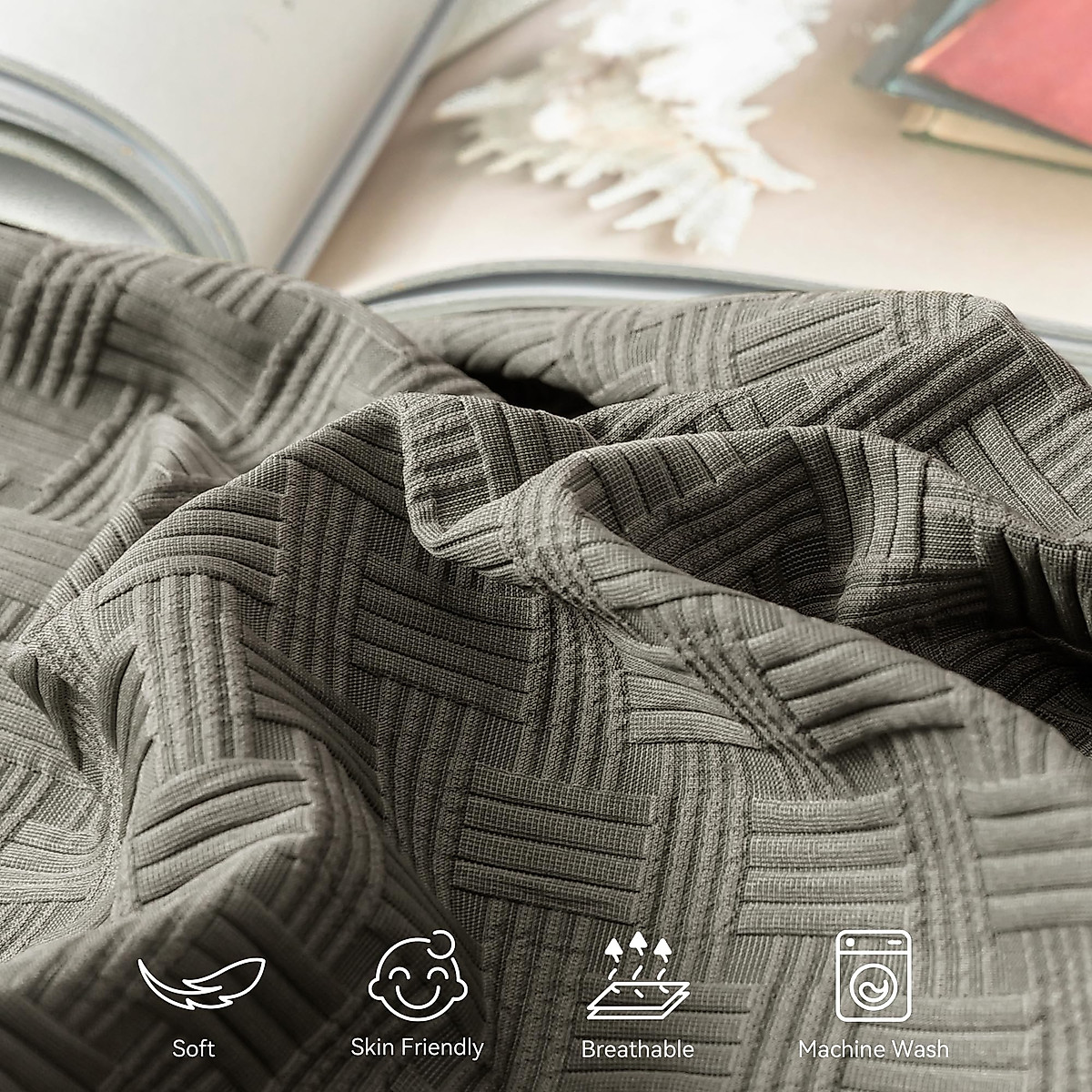 JELLYMONI Grey Duvet Cover Queen Size - 3 Pieces Soft and Breathable Microfiber Knitted Jacquard Waffle Weave Striped Comforter Cover with 8 Corner Ties & Zipper Closure