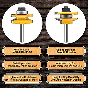 OLETBE Router Bit Set 3 PCS 1/4-Inch Shank Round Over Raised Panel Cabinet Door Rail and Stile Router Bits, Woodworking Wood Cutter, Wood Carbide Groove Tongue Milling Tool(Yellow)